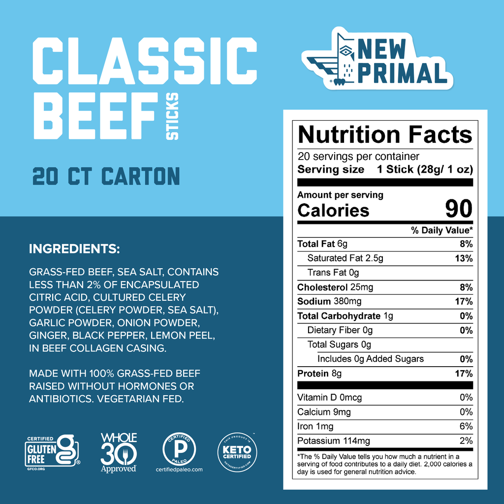Classic Beef Meat Sticks, 100% Grass-Fed Beef, Zero Sugar (20 Sticks ...